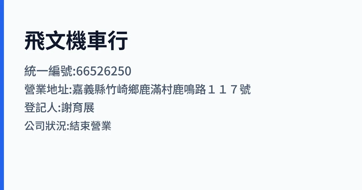 飛文機車行 - 統編 66526250(嘉義縣) 公司登記資料與營業項目詳細圖表