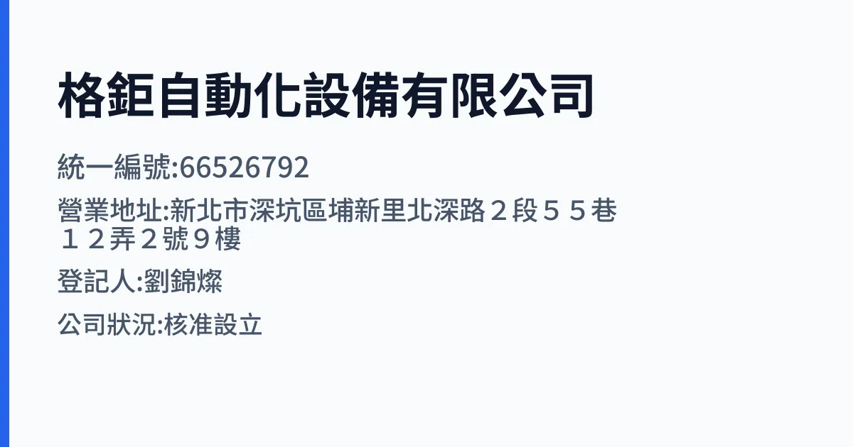 格鉅自動化設備有限公司 - 統編 66526792(新北市) 公司登記資料與營業項目詳細圖表