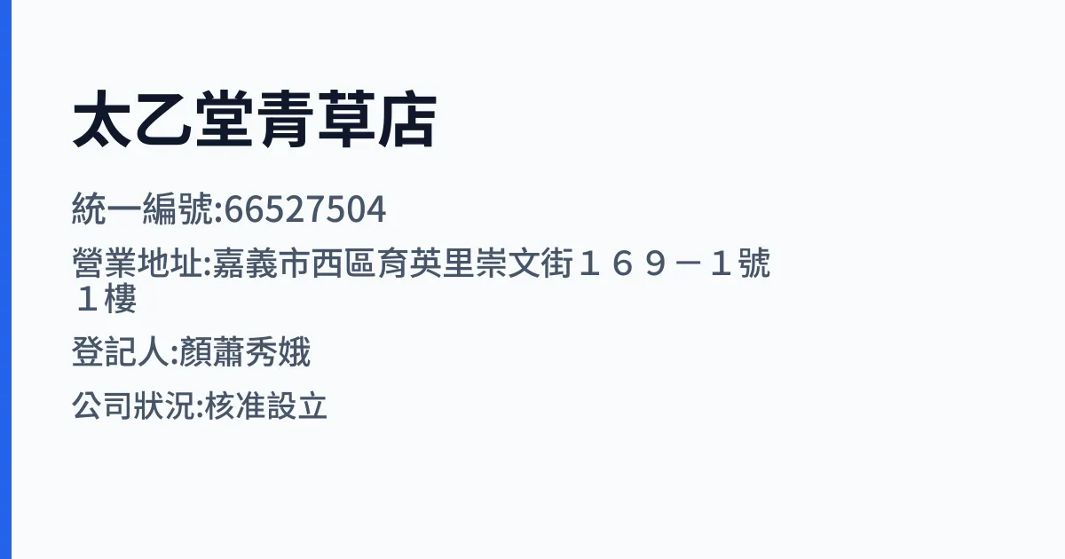 太乙堂青草店 - 統編 66527504(嘉義市) 公司登記資料與營業項目詳細圖表