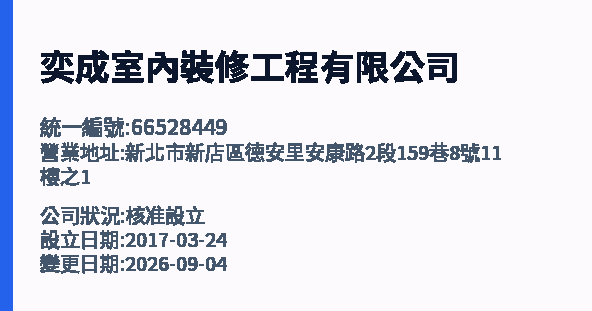 奕成室內裝修工程有限公司的照片-統編 66528449 公司登記資料與營業項目詳細圖表