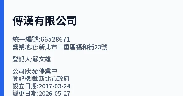傳漢有限公司的照片-統編 66528671(新北市) 公司登記資料與營業項目詳細圖表