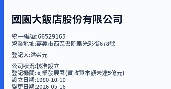 國園大飯店股份有限公司的照片-統編 66529165(嘉義市) 公司登記資料與營業項目詳細圖表