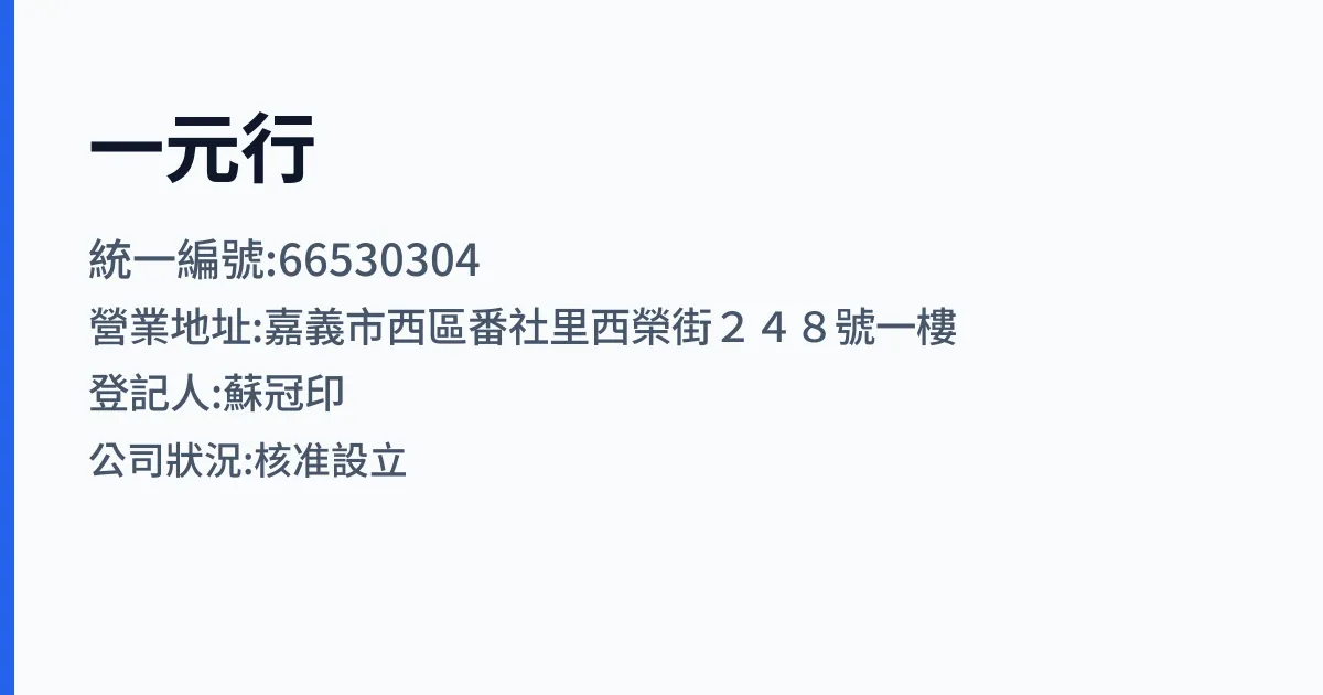 一元行 - 統編 66530304(嘉義市) 公司登記資料與營業項目詳細圖表