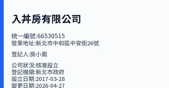 入丼房有限公司的照片-統編 66530515(新北市) 公司登記資料與營業項目詳細圖表