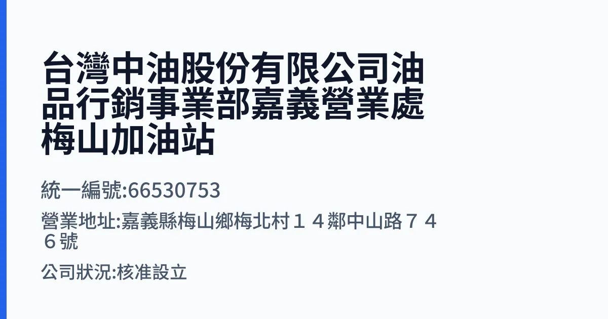 台灣中油股份有限公司油品行銷事業部嘉義營業處梅山加油站 - 統編 66530753(嘉義縣) 公司登記資料與營業項目詳細圖表