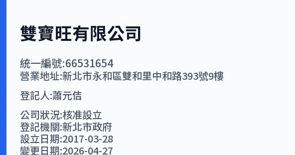 雙寶旺有限公司的照片-統編 66531654(新北市) 公司登記資料與營業項目詳細圖表