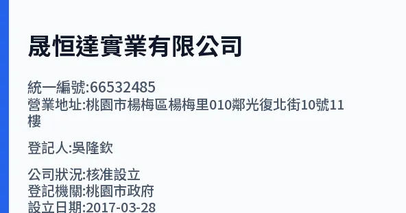 晟恒達實業有限公司的照片-統編 66532485(桃園市) 公司登記資料與營業項目詳細圖表