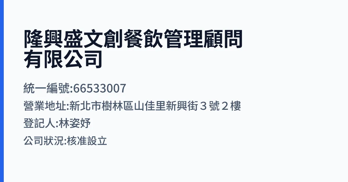 隆興盛文創餐飲管理顧問有限公司 - 統編 66533007(新北市) 公司登記資料與營業項目詳細圖表
