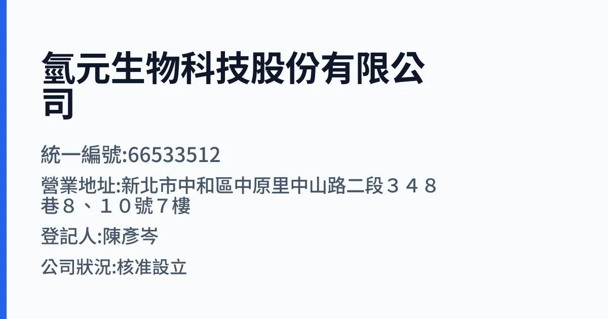 氫元生物科技股份有限公司 - 統編 66533512(新北市) 公司登記資料與營業項目詳細圖表