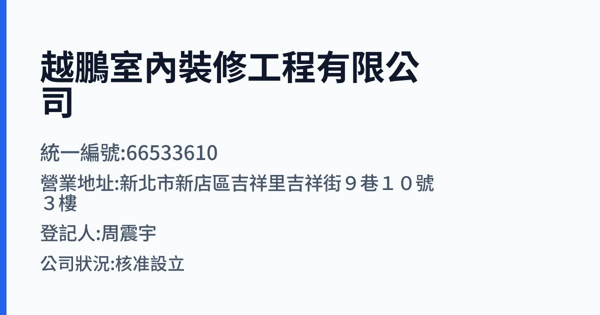 越鵬室內裝修工程有限公司 - 統編 66533610(新北市) 公司登記資料與營業項目詳細圖表