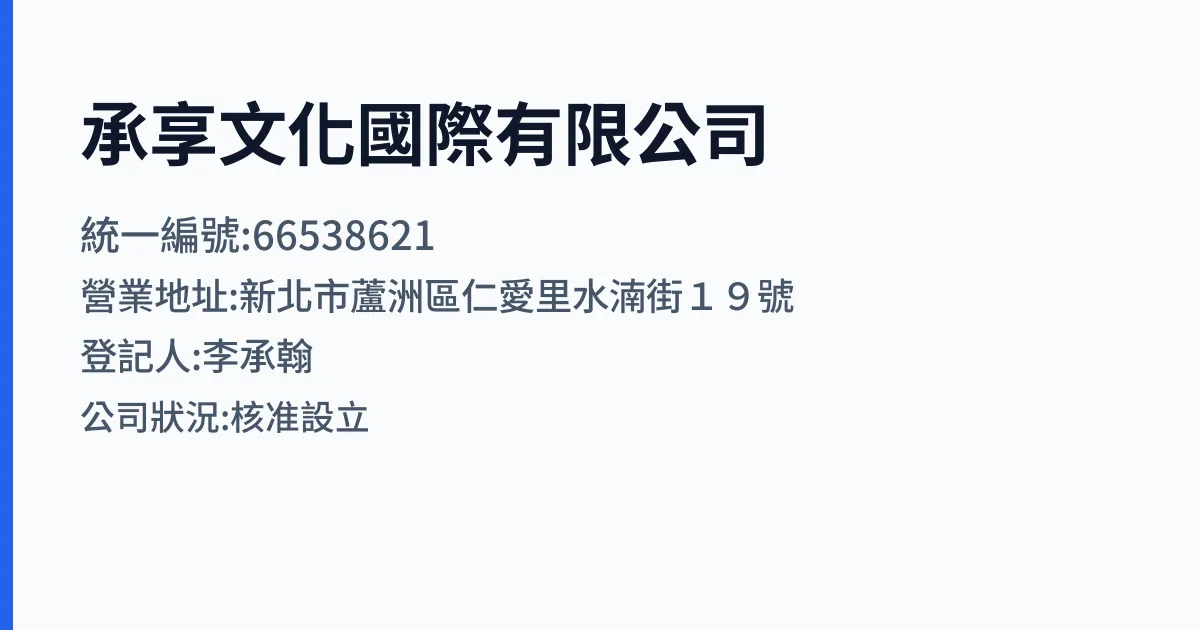 承享文化國際有限公司 - 統編 66538621(新北市) 公司登記資料與營業項目詳細圖表