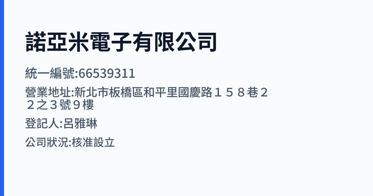 諾亞米電子有限公司 - 統編 66539311(新北市) 公司登記資料與營業項目詳細圖表