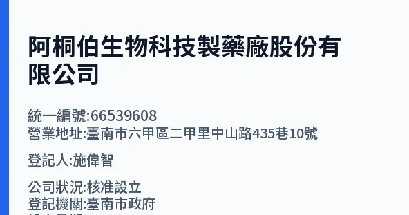 阿桐伯生物科技製藥廠股份有限公司的照片-統編 66539608(臺南市) 公司登記資料與營業項目詳細圖表