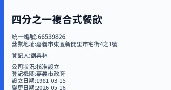 四分之一複合式餐飲的照片-統編 66539826(嘉義市) 公司登記資料與營業項目詳細圖表