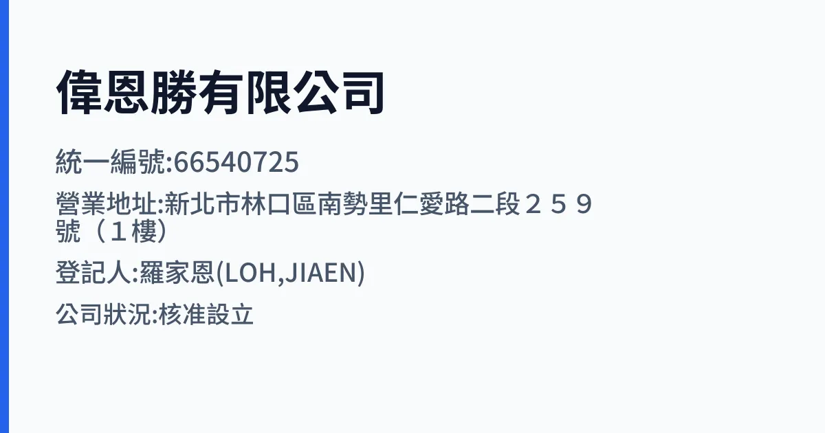 偉恩勝有限公司 - 統編 66540725(新北市) 公司登記資料與營業項目詳細圖表