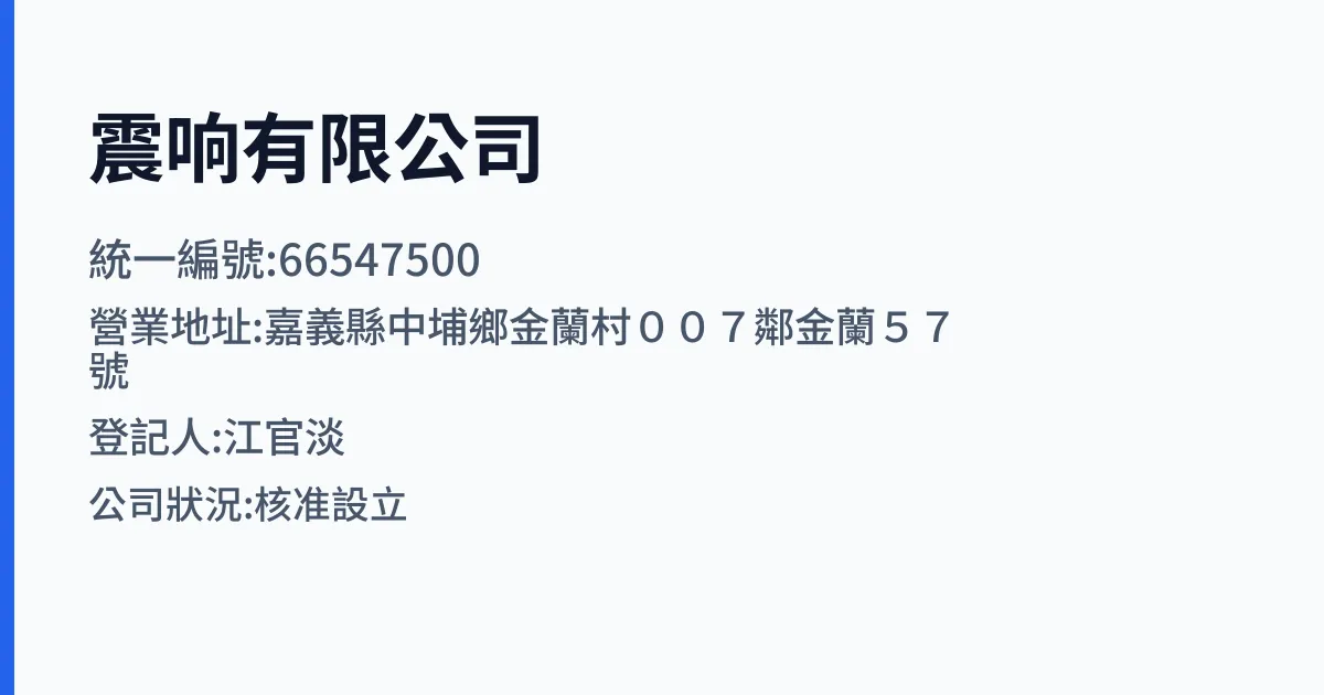 震响有限公司 - 統編 66547500(嘉義縣) 公司登記資料與營業項目詳細圖表