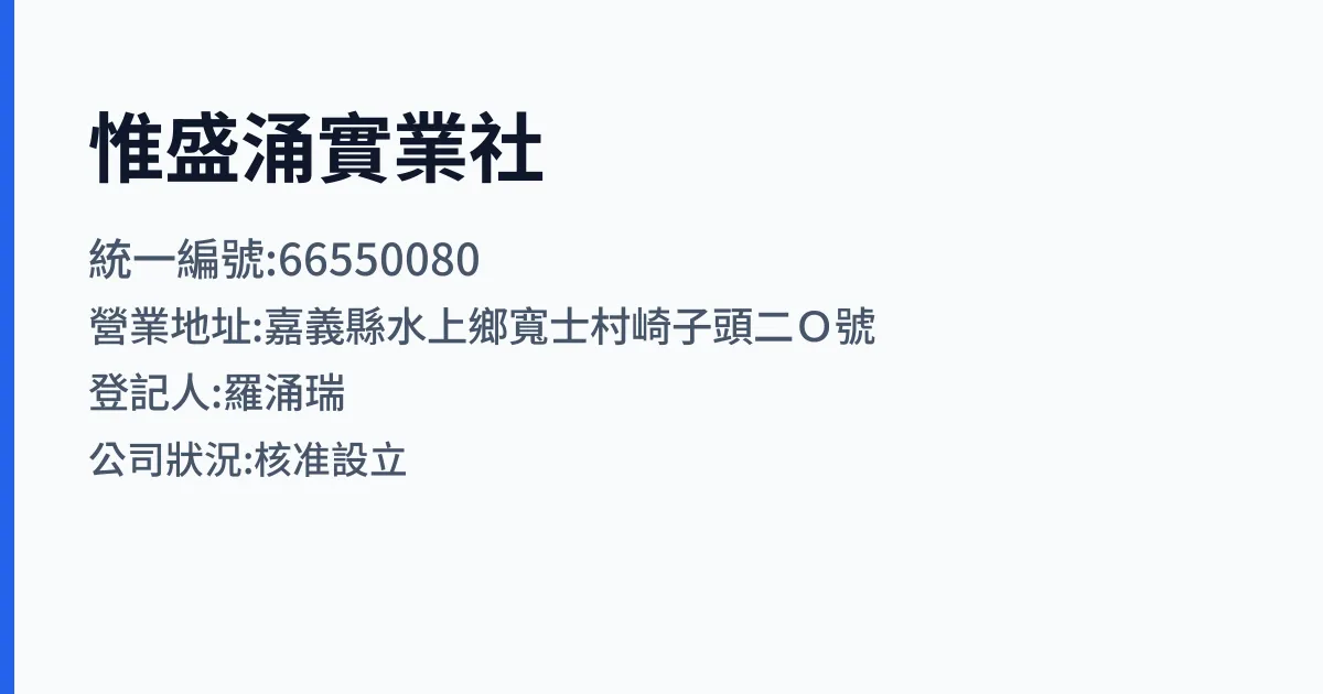 惟盛涌實業社 - 統編 66550080(嘉義縣) 公司登記資料與營業項目詳細圖表