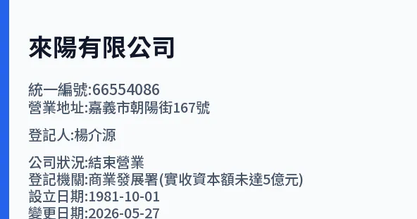 來陽有限公司的照片-統編 66554086(嘉義市) 公司登記資料與營業項目詳細圖表