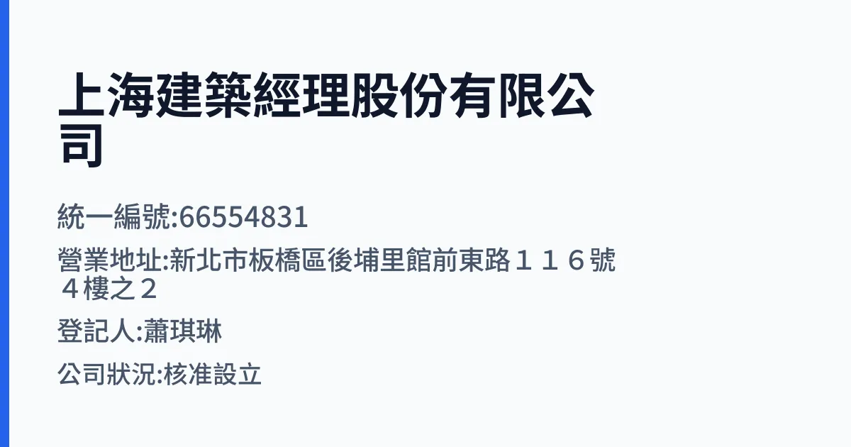 上海建築經理股份有限公司 - 統編 66554831(新北市) 公司登記資料與營業項目詳細圖表