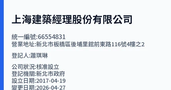 上海建築經理股份有限公司的照片-統編 66554831(新北市) 公司登記資料與營業項目詳細圖表