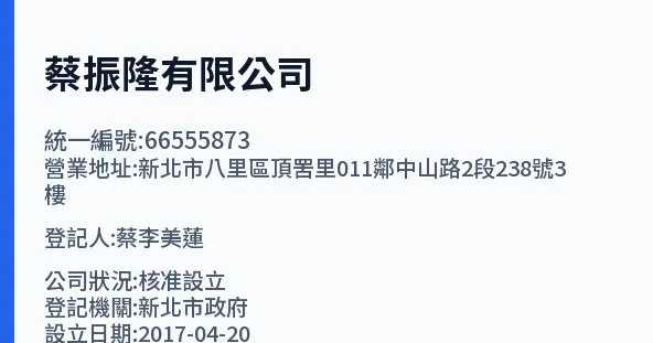 蔡振隆有限公司的照片-統編 66555873(新北市) 公司登記資料與營業項目詳細圖表