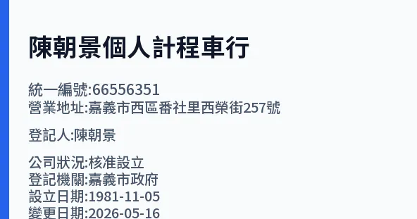 陳朝景個人計程車行的照片-統編 66556351(嘉義市) 公司登記資料與營業項目詳細圖表