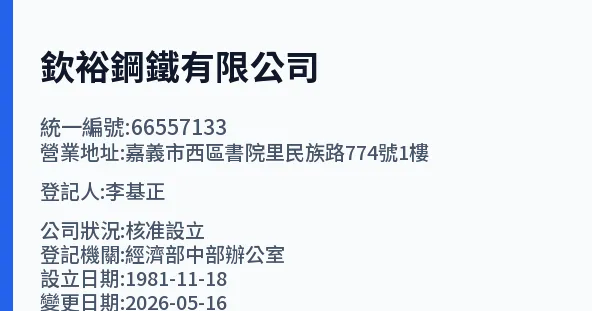 欽裕鋼鐵有限公司的照片-統編 66557133(嘉義市) 公司登記資料與營業項目詳細圖表