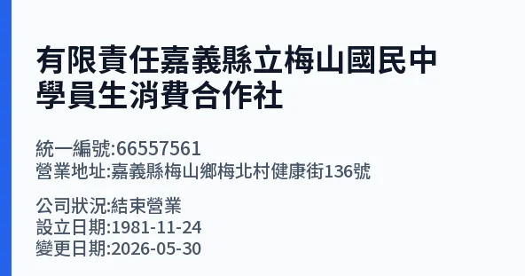 有限責任嘉義縣立梅山國民中學員生消費合作社的照片-統編 66557561(嘉義縣) 公司登記資料與營業項目詳細圖表