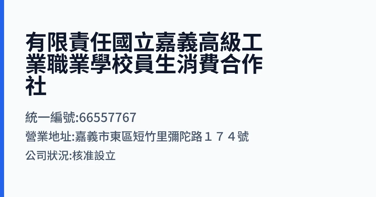 有限責任國立嘉義高級工業職業學校員生消費合作社 - 統編 66557767(嘉義市) 公司登記資料與營業項目詳細圖表