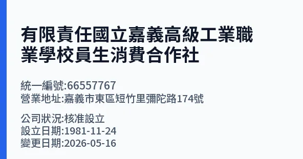 有限責任國立嘉義高級工業職業學校員生消費合作社的照片-統編 66557767(嘉義市) 公司登記資料與營業項目詳細圖表