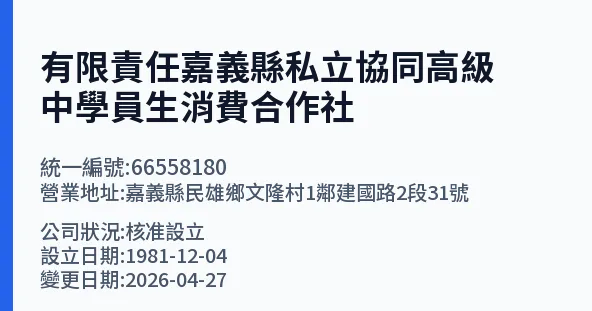 有限責任嘉義縣私立協同高級中學員生消費合作社的照片-統編 66558180(嘉義縣) 公司登記資料與營業項目詳細圖表