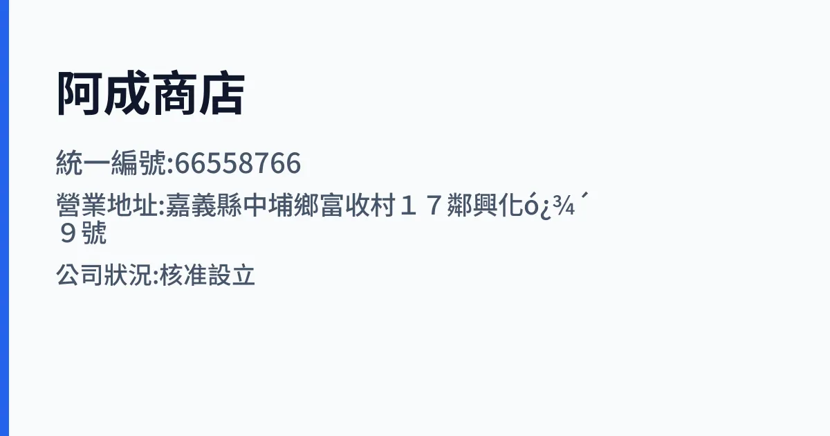 阿成商店 - 統編 66558766(嘉義縣) 公司登記資料與營業項目詳細圖表