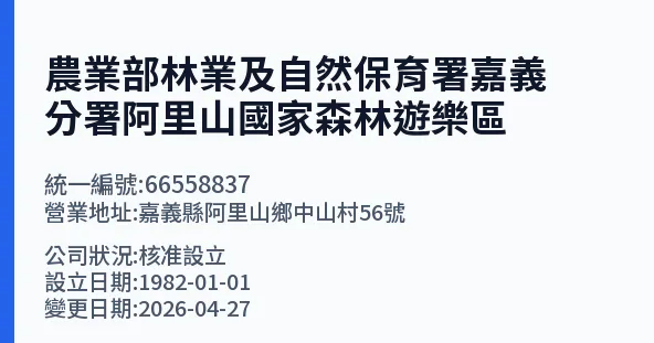 農業部林業及自然保育署嘉義分署阿里山國家森林遊樂區的照片-統編 66558837(嘉義縣) 公司登記資料與營業項目詳細圖表