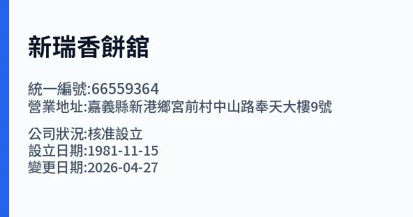 新瑞香餅舘的照片-統編 66559364(嘉義縣) 公司登記資料與營業項目詳細圖表