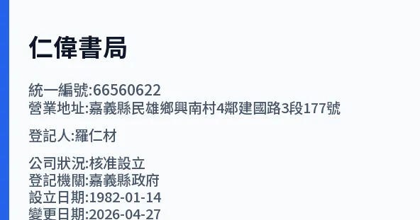 仁偉書局的照片-統編 66560622(嘉義縣) 公司登記資料與營業項目詳細圖表