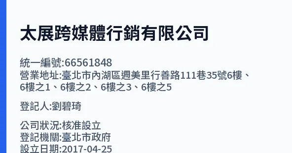 太展跨媒體行銷有限公司的照片-統編 66561848(臺北市) 公司登記資料與營業項目詳細圖表