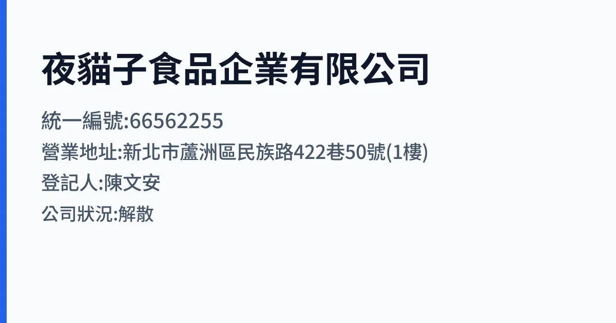 夜貓子食品企業有限公司 - 統編 66562255(新北市) 公司登記資料與營業項目詳細圖表