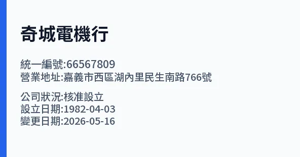 奇城電機行的照片-統編 66567809(嘉義市) 公司登記資料與營業項目詳細圖表