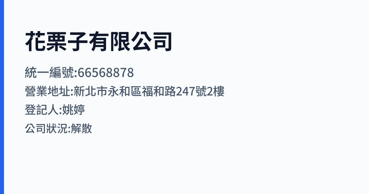 花栗子有限公司 - 統編 66568878(新北市) 公司登記資料與營業項目詳細圖表