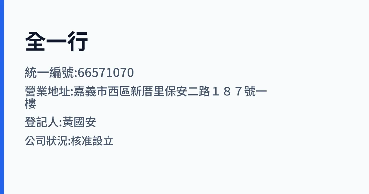 全一行 - 統編 66571070(嘉義市) 公司登記資料與營業項目詳細圖表