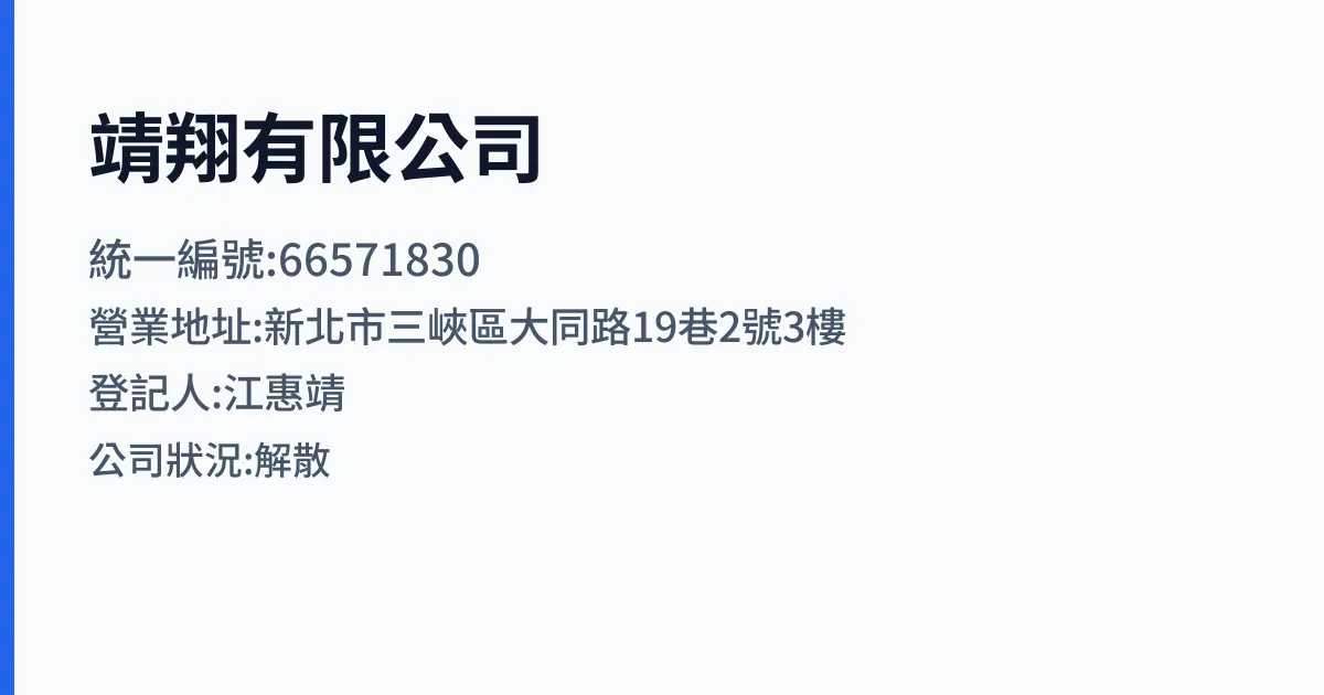 靖翔有限公司 - 統編 66571830(新北市) 公司登記資料與營業項目詳細圖表