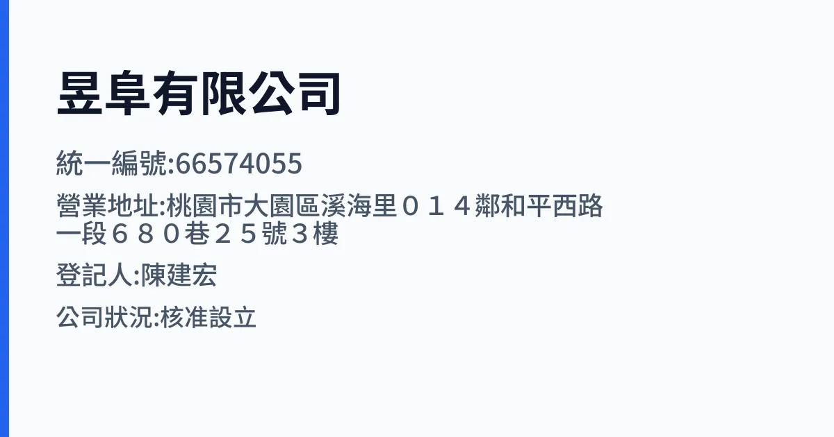 昱阜有限公司 - 統編 66574055(新北市) 公司登記資料與營業項目詳細圖表