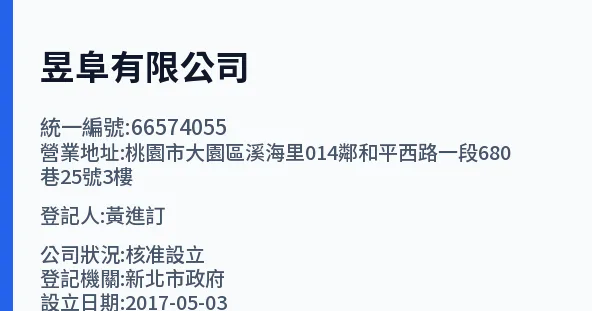 昱阜有限公司的照片-統編 66574055(桃園市) 公司登記資料與營業項目詳細圖表