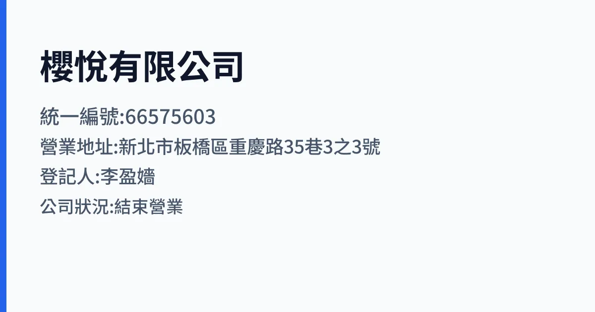 櫻悅有限公司 - 統編 66575603(新北市) 公司登記資料與營業項目詳細圖表