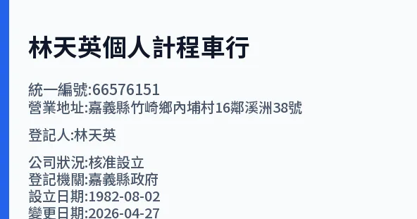 林天英個人計程車行的照片-統編 66576151(嘉義縣) 公司登記資料與營業項目詳細圖表