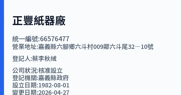 正豐紙器廠的照片-統編 66576477(嘉義縣) 公司登記資料與營業項目詳細圖表