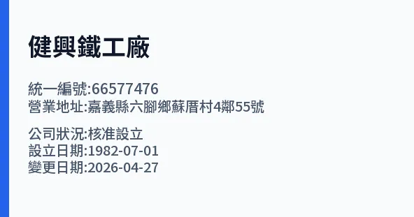 健興鐵工廠的照片-統編 66577476(嘉義縣) 公司登記資料與營業項目詳細圖表