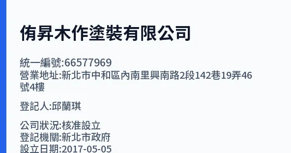 侑昇木作塗裝有限公司的照片-統編 66577969(新北市) 公司登記資料與營業項目詳細圖表