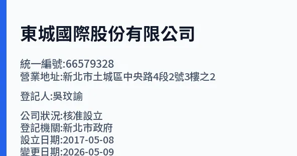 東城國際股份有限公司的照片-統編 66579328(新北市) 公司登記資料與營業項目詳細圖表
