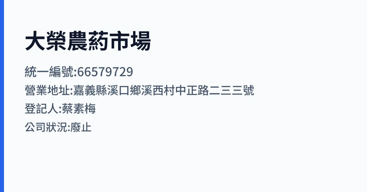 大榮農葯市場 - 統編 66579729(嘉義縣) 公司登記資料與營業項目詳細圖表